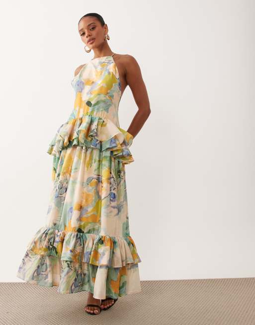ASOS DESIGN pinny double layer maxi dress with ruffle detail in blue ...