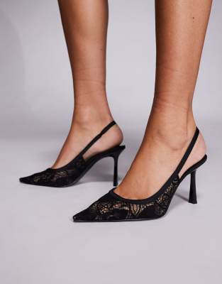 ASOS DESIGN - Piper - Sorte sko med hælrem og høje hæle i blondestof | ASOS