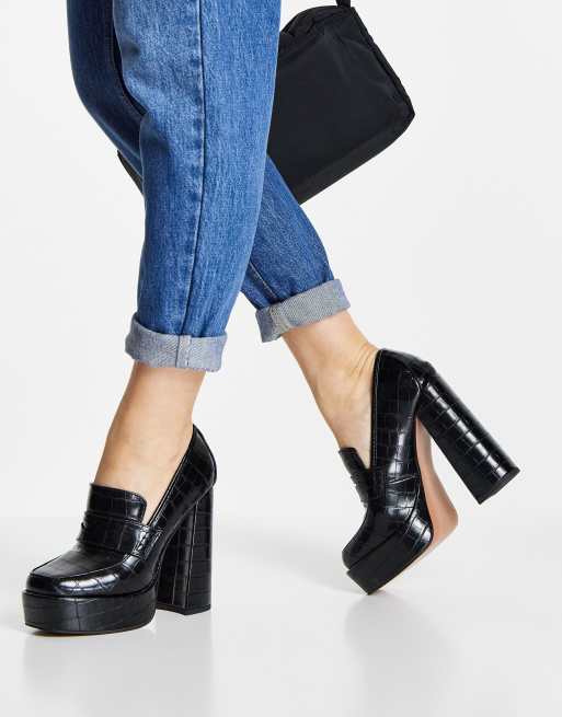 ASOS DESIGN Pippin platform heeled loafers in black | ASOS