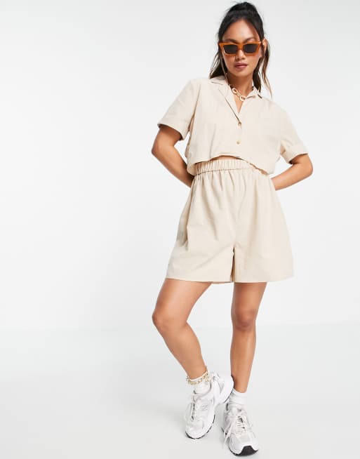 ASOS DESIGN plain poplin cut out collar playsuit in stone | ASOS