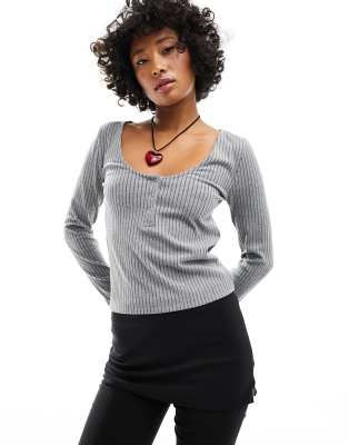 ASOS DESIGN plaited rib long sleeve henley top in grey marl | ASOS