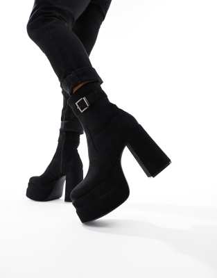 ASOS DESIGN platform heeled boots in black faux suede with buckle ...