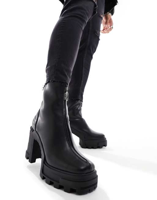 ASOS DESIGN platform heeled chelsea boots in black faux leather with ...