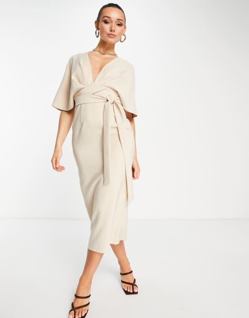 ASOS DESIGN pleat front tie side midi dress in stone | ASOS