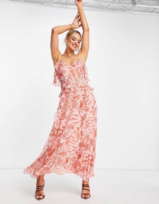 Asos Design Pleated Cross Back Cami Midi Dress With Frills In Floral
