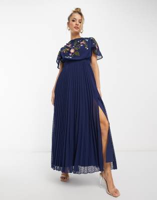 ASOS DESIGN pleated textured cowl front embroidered midi dress in navy ...