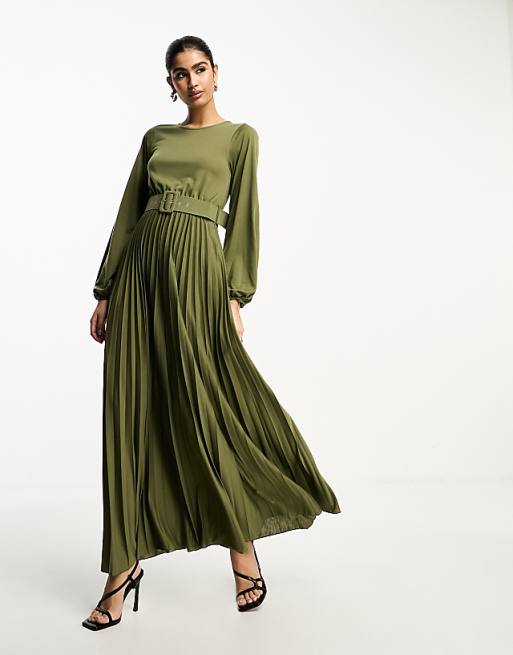 ASOS DESIGN – Plisowana sukienka maxi z długimi rękawami w kolorze ... ASOS DESIGN – Plisowana sukienka maxi z długimi rękawami w kolorze ...
