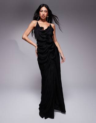 ASOS DESIGN - Plissé maxi cami jurk met waterval-corsages en ruches in zwart | ASOS