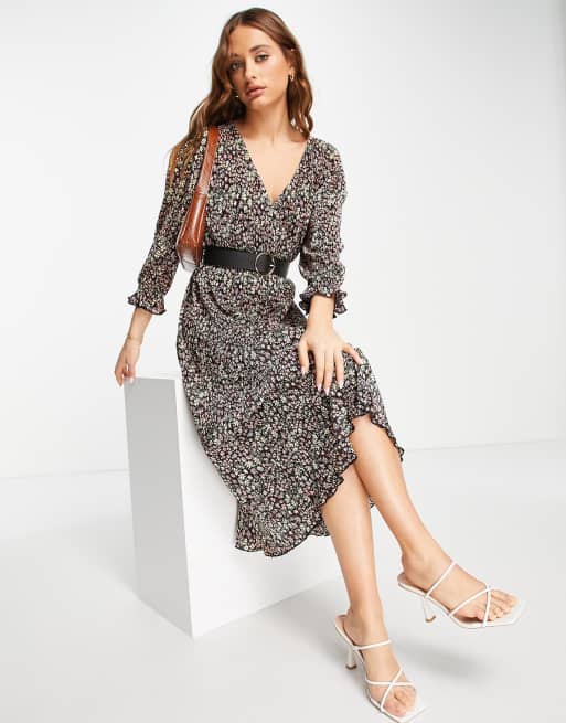 ASOS DESIGN plisse midi wrap dress with black belt in black base ditsy floral | ASOS