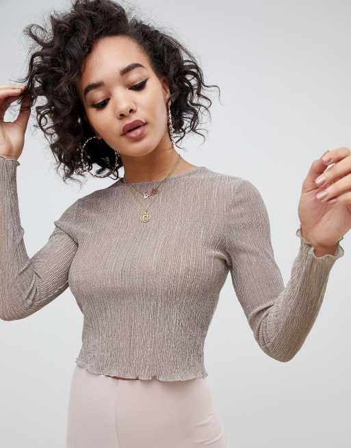 Asos Design Plissiertes Langärmliges Oberteil Aus Metallic Mesh Asos