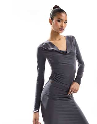 ASOS DESIGN plunge neck cowl top in charcoal co-ord | ASOS