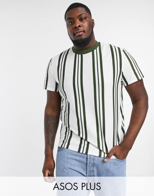 Asos Design Plus Vertical Stripe T Shirt In Khaki Green Asos