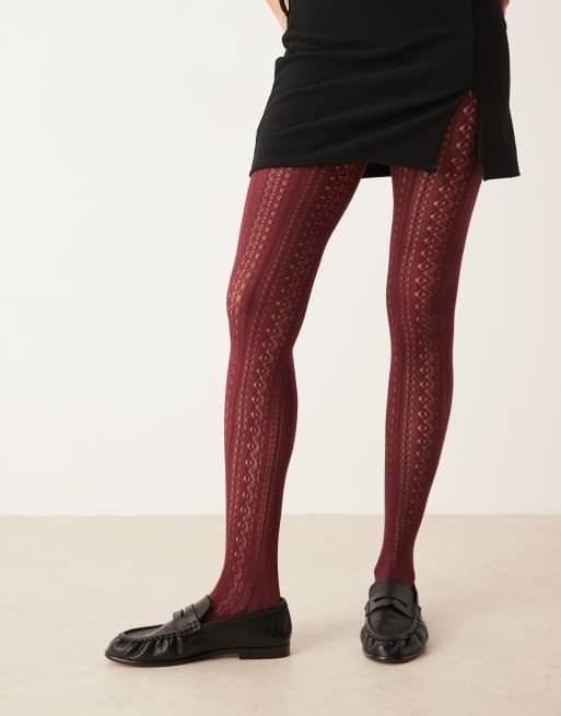 ASOS DESIGN pointelle patterned tights in burgundy | ASOS