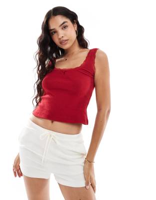 ASOS DESIGN pointelle singlet with lace trim and bow in wine | ASOS