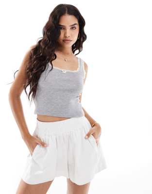 ASOS DESIGN pointelle tank top with lace trim and bow trim in gray | ASOS
