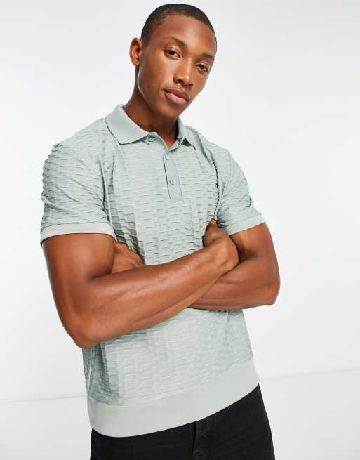Asos Design Polo En Jacquard Côtelé Avec Col Contrastant Gris Asos