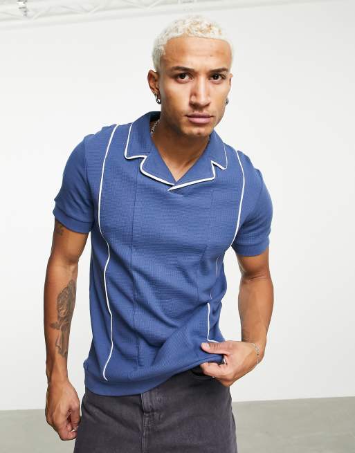 Asos Design Polo En Tissu Gaufré Effet Coupé Cousu à Liserés Blancs