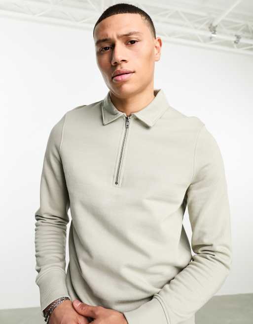 ASOS DESIGN polo sweatshirt with zip in beige | ASOS