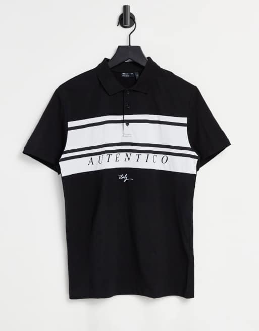 Asos Design Polo T Shirt In Zwart Met Tekstprint Op De Borst Asos
