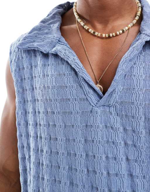 ASOS DESIGN polo tank singlet in blue texture | ASOS