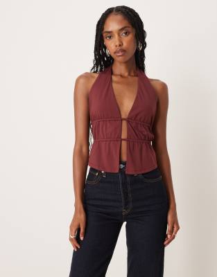 ASOS DESIGN polyamide ruched waist detail halter top in burgundy | ASOS