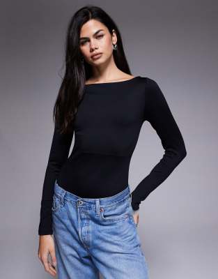 ASOS DESIGN polyamide slinky boat neck long sleeve bodysuit in black | ASOS