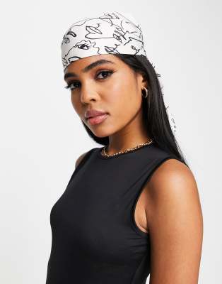 ASOS DESIGN polysatin large headscarf in face print in stone | ASOS
