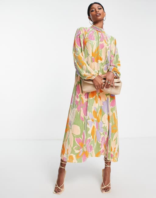 Asos Design Pomarańczowo Zielona Plisowana Sukienka Maxi Z