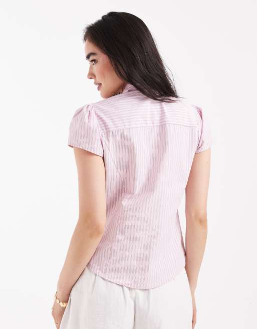 ASOS DESIGN poplin fitted cap sleeve shirt in pink stripe | ASOS