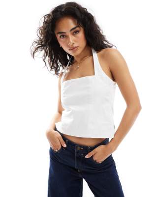 ASOS DESIGN poplin square neck halter top in white | ASOS