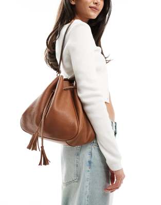 ASOS DESIGN premium leather tote bag with drawstring and tassel in tan ...