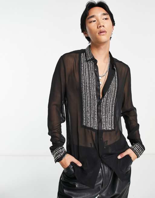 ASOS DESIGN Premium sheer shirt with hand embellished diamante crystal ...