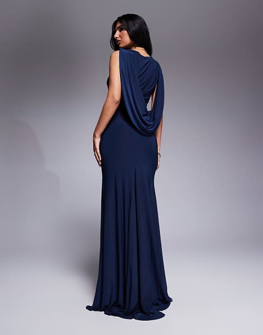 ASOS DESIGN premium slash neck maxi dress with dramatic ASOS DESIGN premium slash neck maxi dress with dramatic