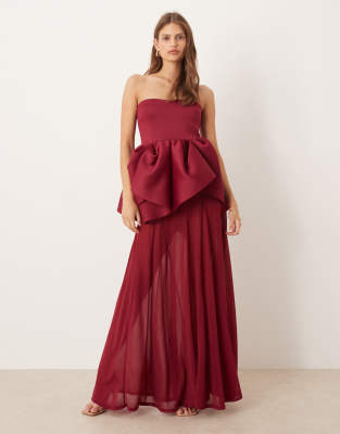 ASOS DESIGN Premium strapless maxi dress with sheer skirt in red scuba ...