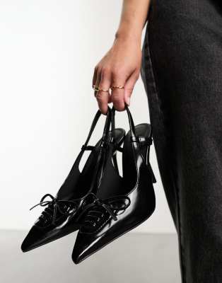 ASOS DESIGN Primadonna lace up bow slingback high heeled shoes in black ...