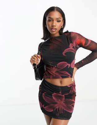 ASOS DESIGN printed floral mesh slash neck top co ord with back cut out ...