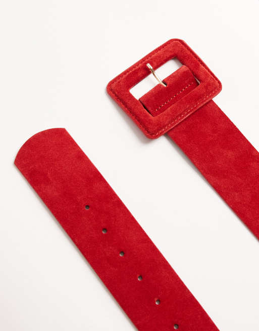 ASOS DESIGN PU waist belt with large buckle in red suede | ASOS