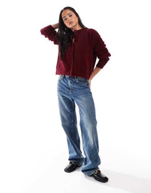 ASOS DESIGN puff sleeve crew neck cardigan in burgundy | ASOS