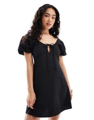 Asos Design Puff Sleeve Mini Tea Dress In Black | ModeSens
