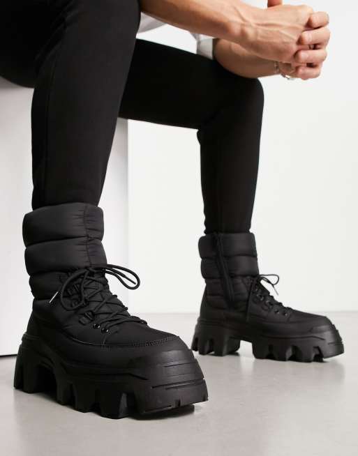 ASOS DESIGN puffer boots with chunky sole in black nylon | ASOS