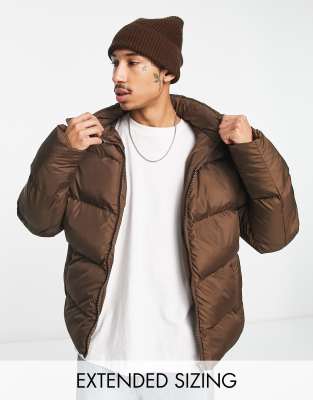 ASOS DESIGN puffer jacket with detachable hood in brown | ASOS