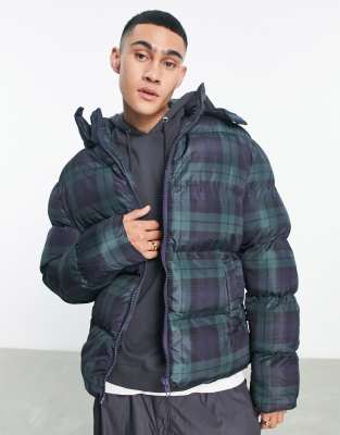 ASOS DESIGN puffer jacket with detachable hood in check print | ASOS