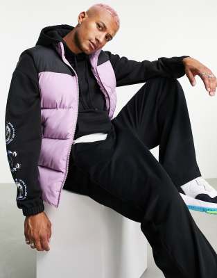 ASOS DESIGN puffer vest with contrast panel and packable hood in lilac ...