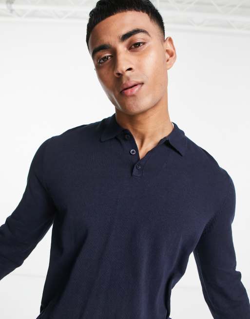 Asos Design Pull Avec Col Polo En Maille De Coton Bleu Marine Asos