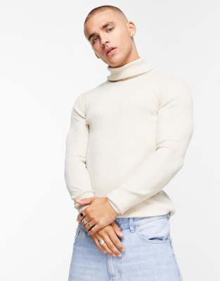 ASOS DESIGN - Pull col roulé en maille côtelée légère - Grège | ASOS