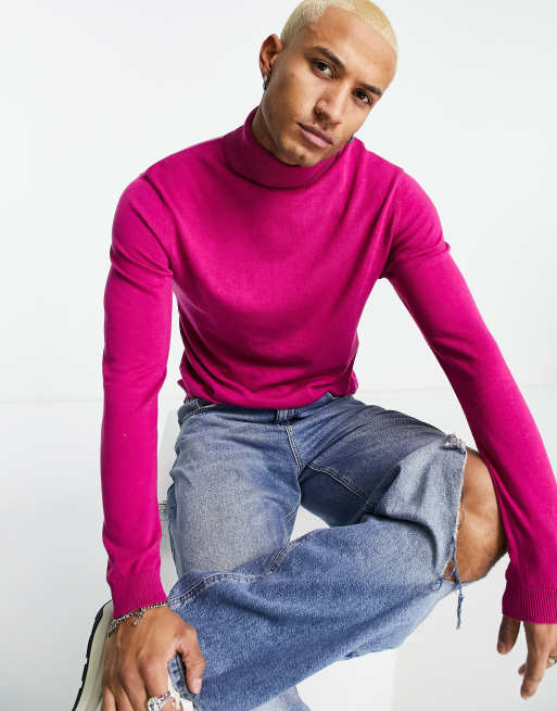 Asos Design Pull Col Roulé En Maille De Coton Fuchsia Asos