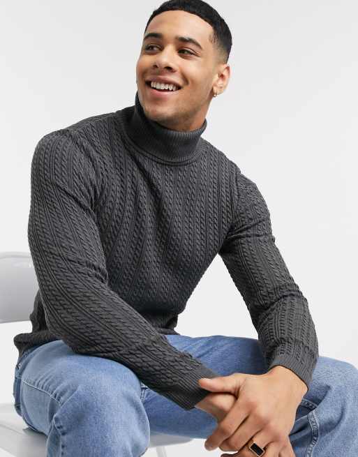 Asos Design Pull Col Roulé Moulant En Maille Torsadée Anthracite Asos