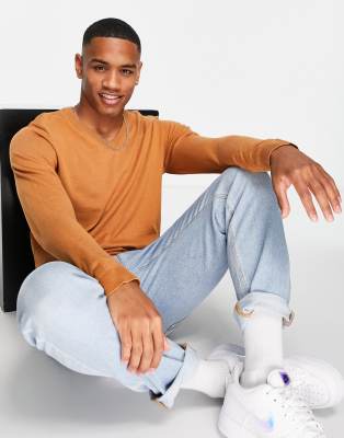 ASOS DESIGN - Pull col V en maille de coton - Marron clair | ASOS