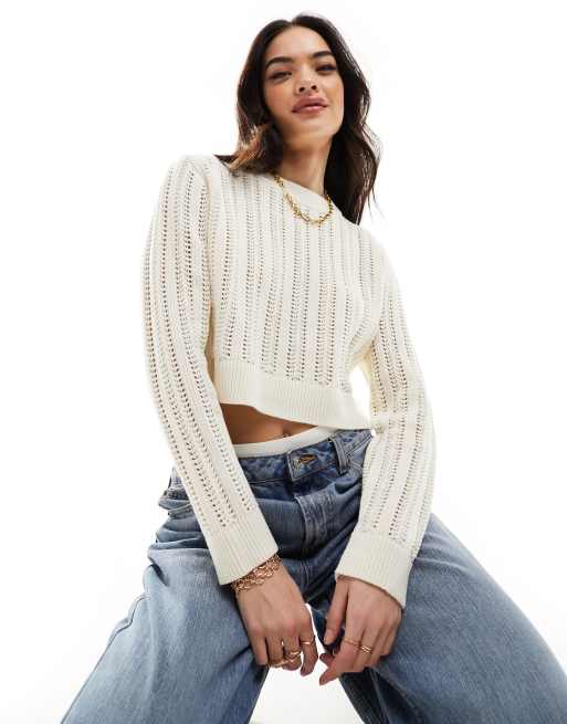 Asos Design Pull Court Ras De Cou En Maille Ajourée Crème Asos