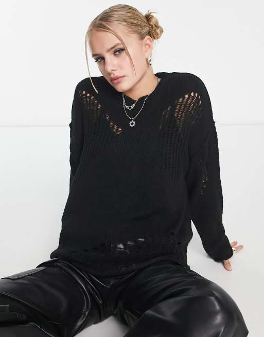 Asos Design Pull En Maille échelle Ajourée Effet Usé Noir Asos